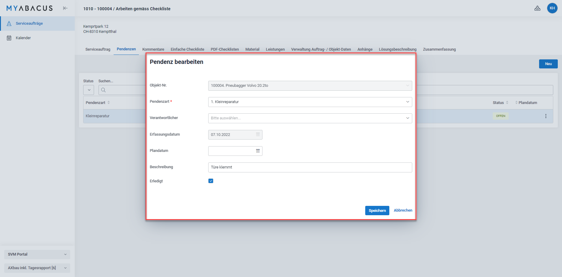 Ein Serviceauftrag mobil abwickeln via MyAbacus-Portal